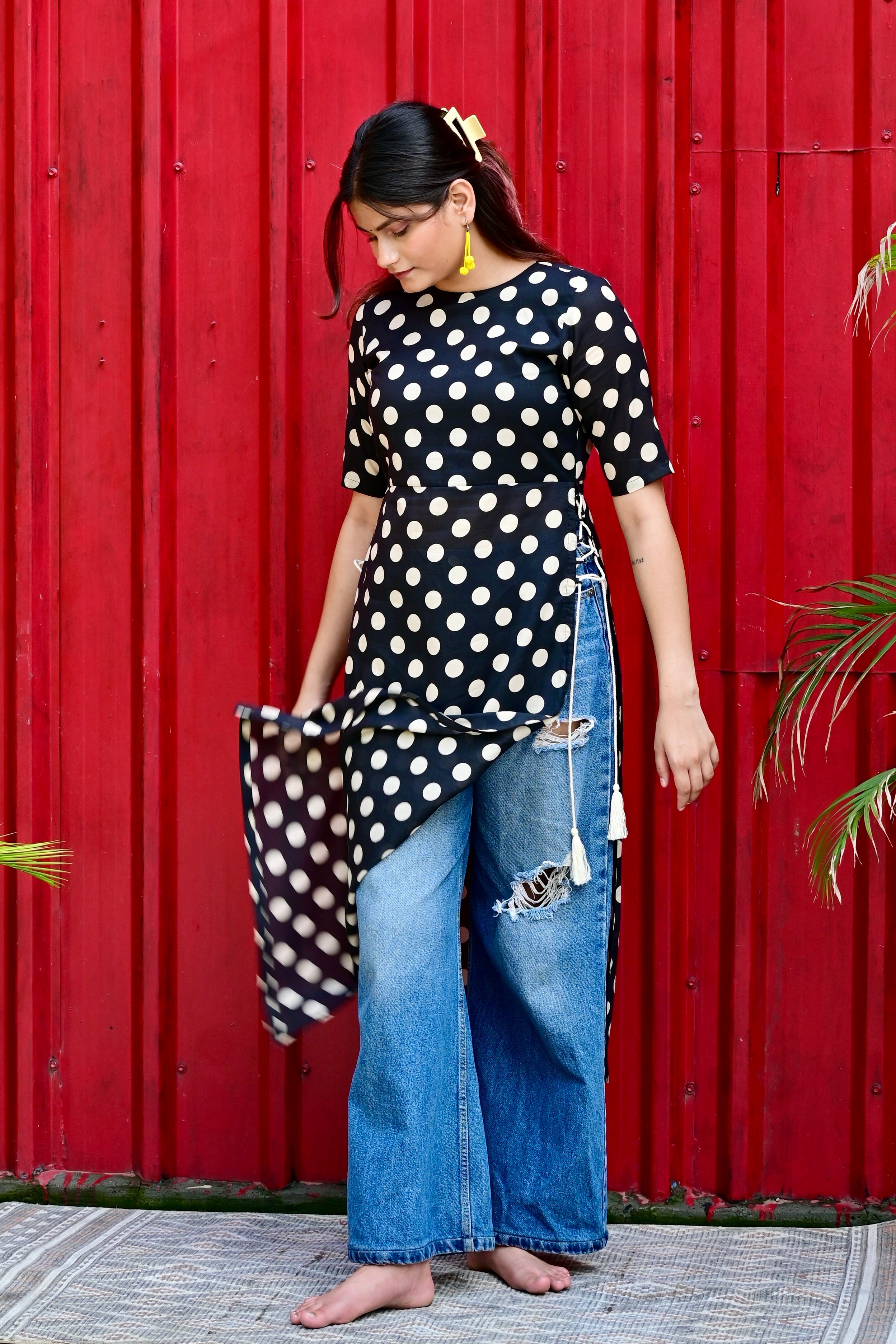 Black Polka High Slit Suit Set – colorkosh